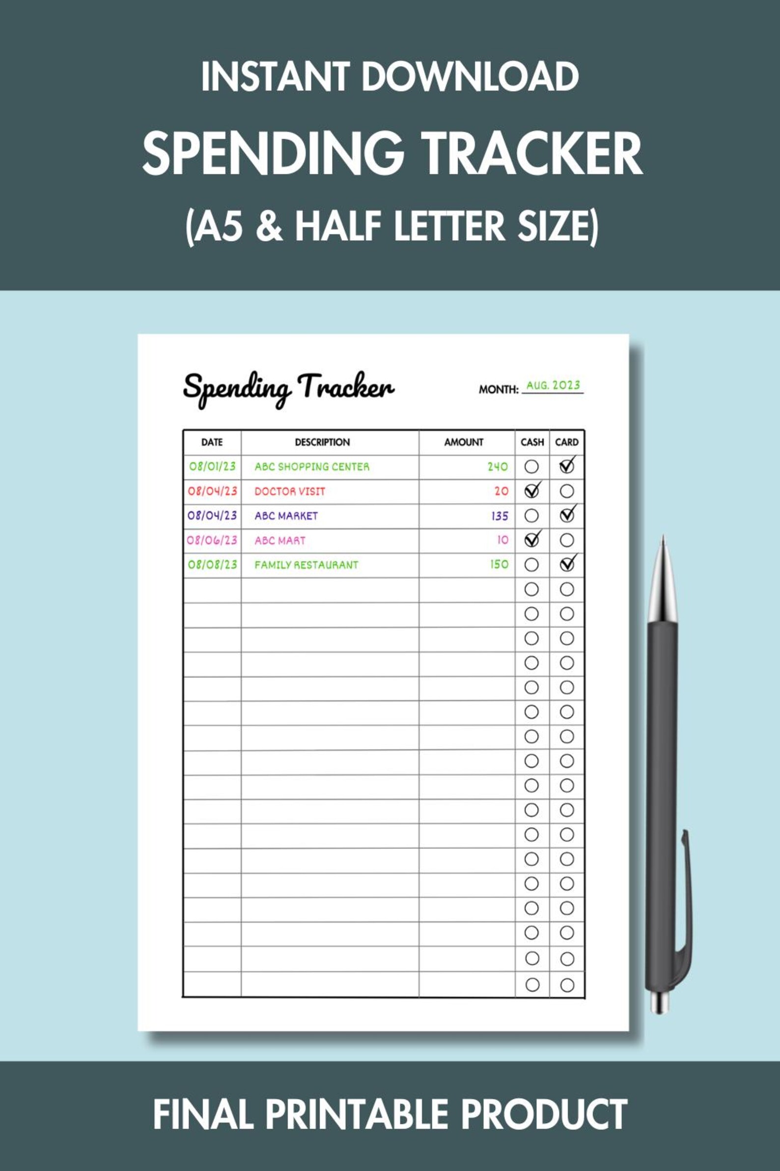 Spending Tracker Printable Minimalist Spending Log for Budgeting ...