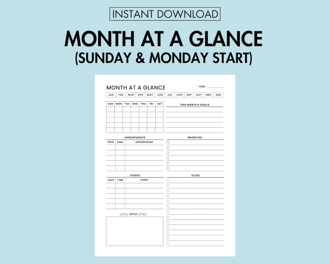 Month at a Glance Printable Monthly Schedule Planner PDF Monthly to Do ...