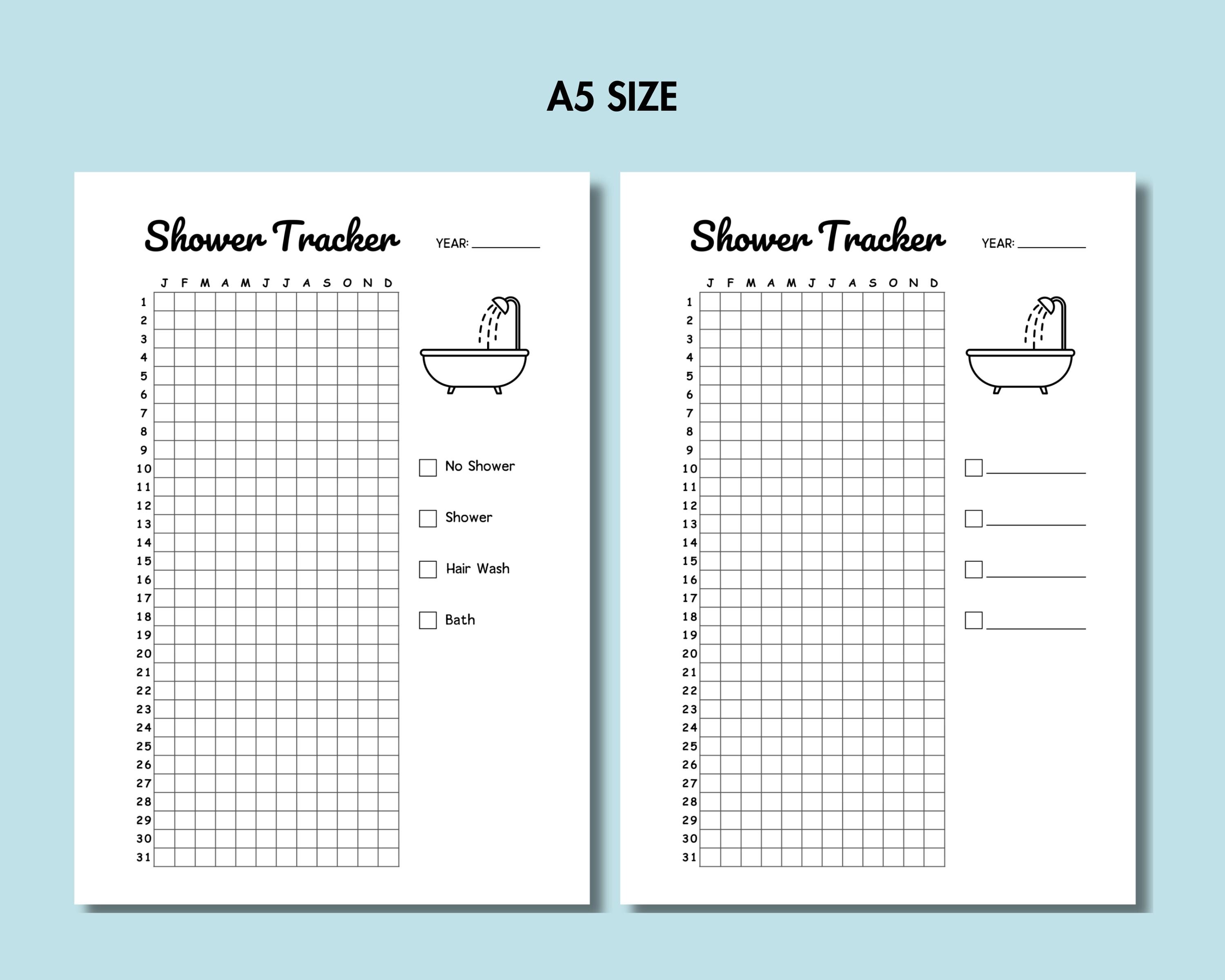 Shower Tracker Printable Hygiene Tracker PDF Hair Wash Tracker Year in ...