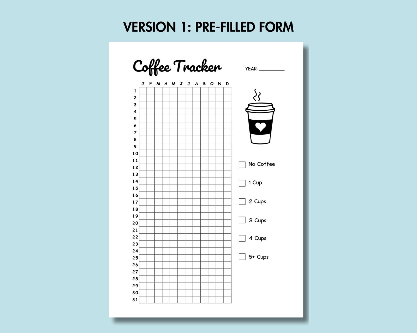Coffee Tracker Printable Caffeine Log Year in Pixel Daily Yearly Health ...