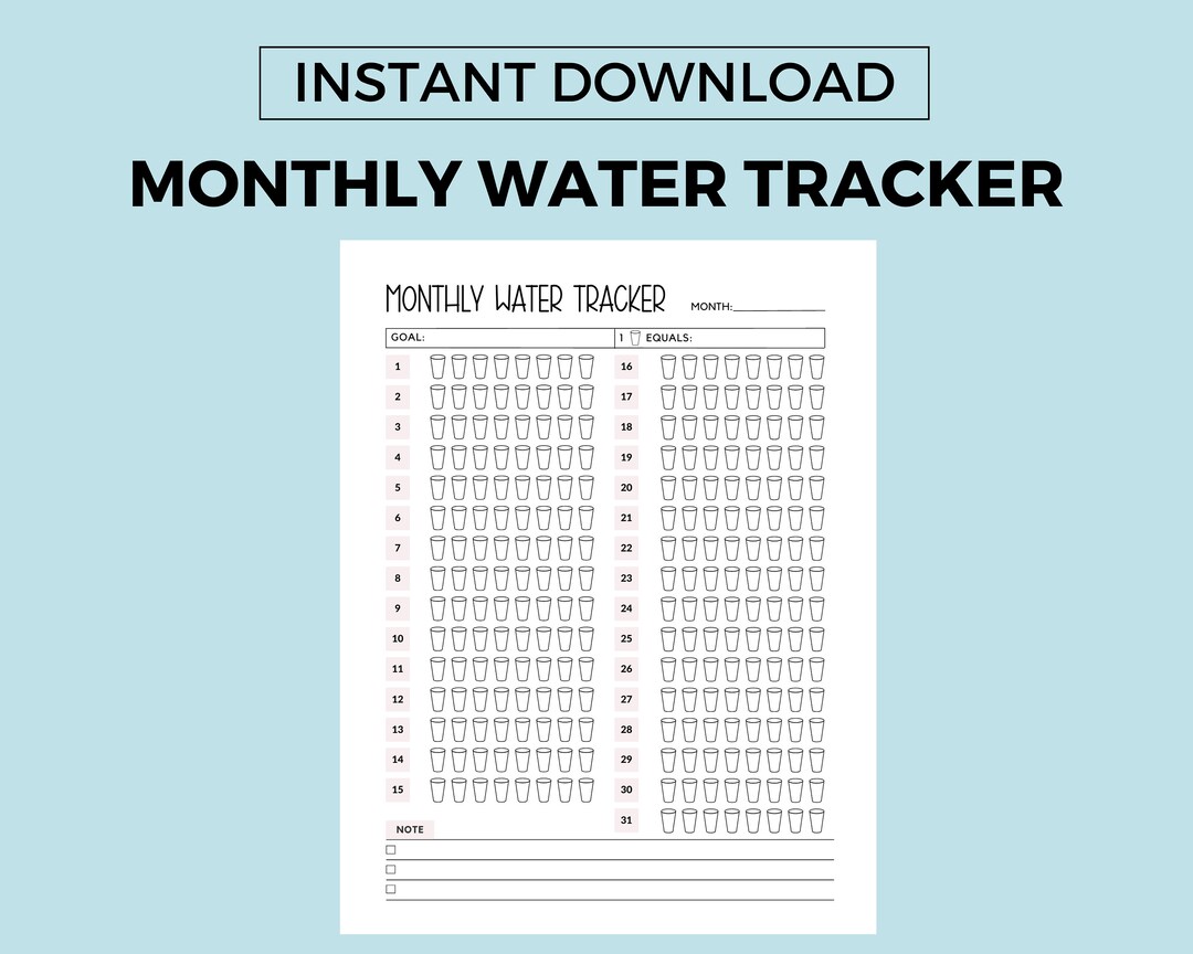 Water Tracker Printable Instant Download, Monthly Water Log Sheet ...