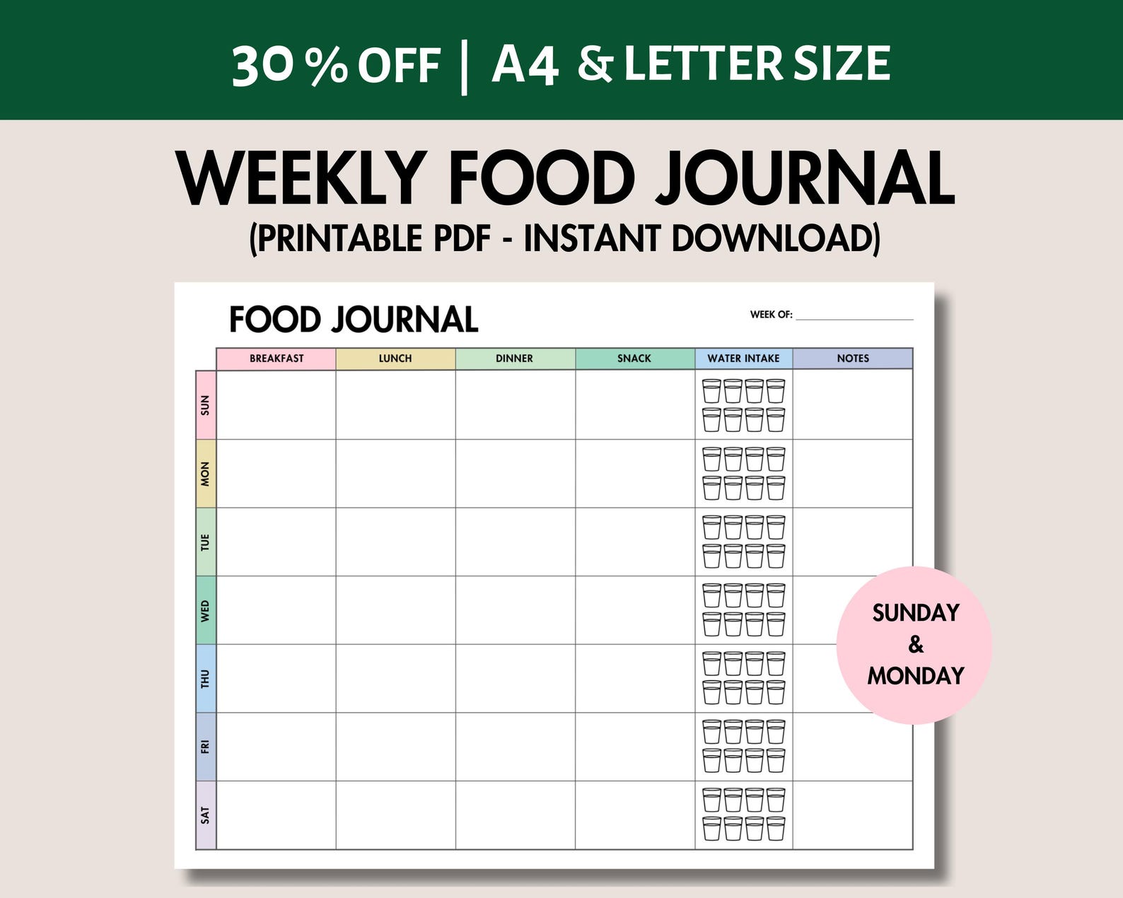 Weekly Food Journal Printable Weekly Food Diary, Meal Prep Planner With ...