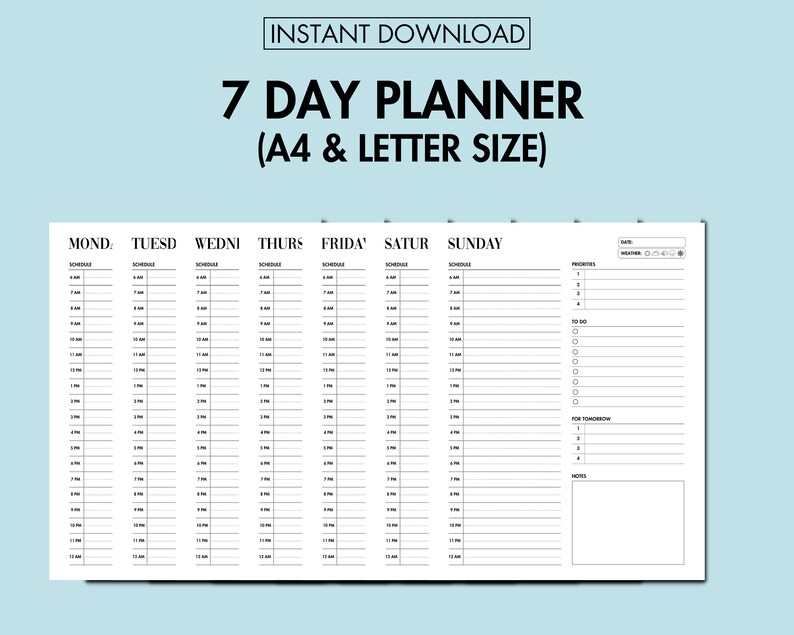 Daily Planner Printable 7 Day Schedule PDF Daily Hourly Planner Daily ...