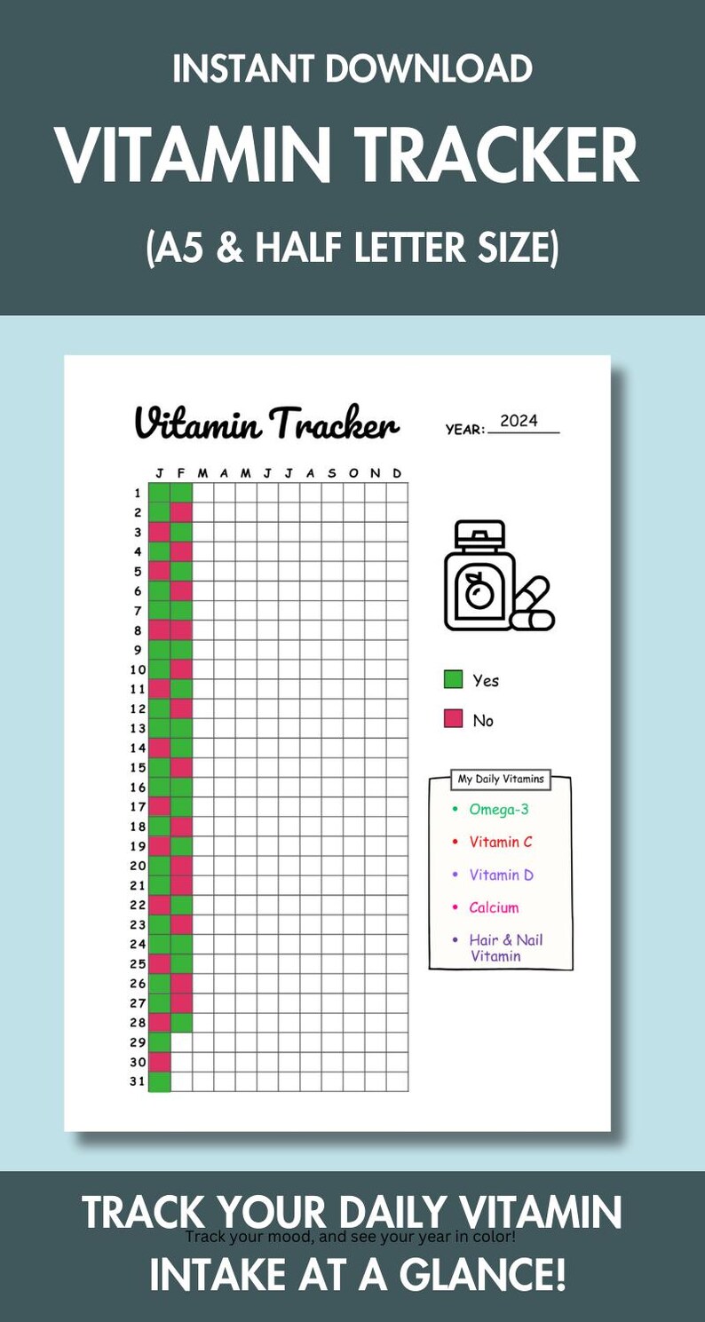 Vitamin Tracker Printable Yearly Vitamin Log PDF Vitamin Supplement ...