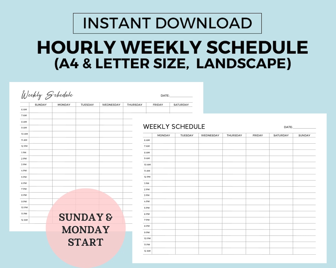 Hourly Weekly Schedule Planner Printable Landscape, Weekly Organizer ...