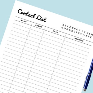 Contact List Printable Address Book PDF Phone Number Organizer ...