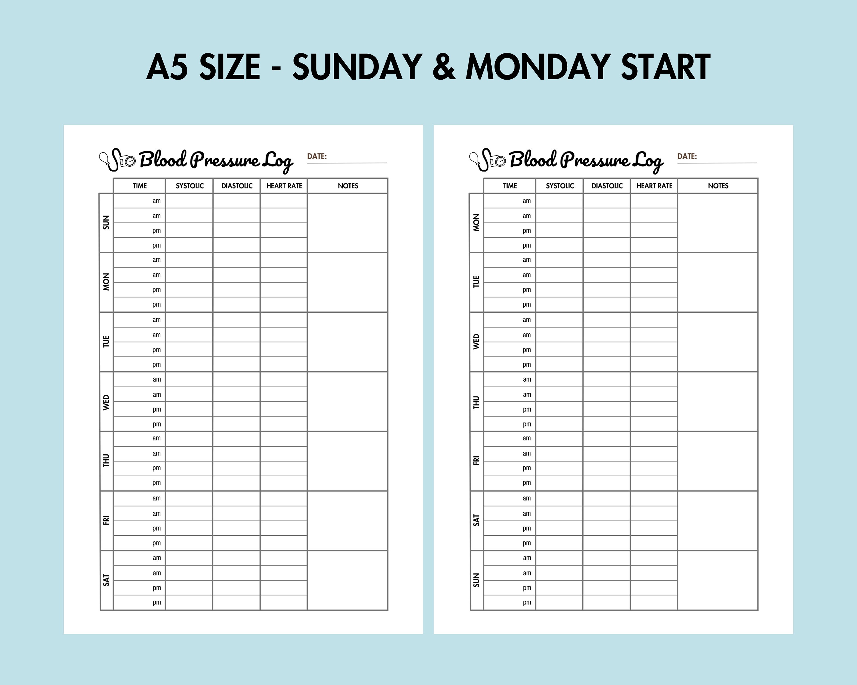 Blood Pressure Tracker Printable Weekly BP Record Sheet PDF Heart ...