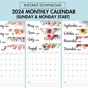 Monthly Calendar Planner 2024, 12 Month Floral Calendar Printable, 2024 ...
