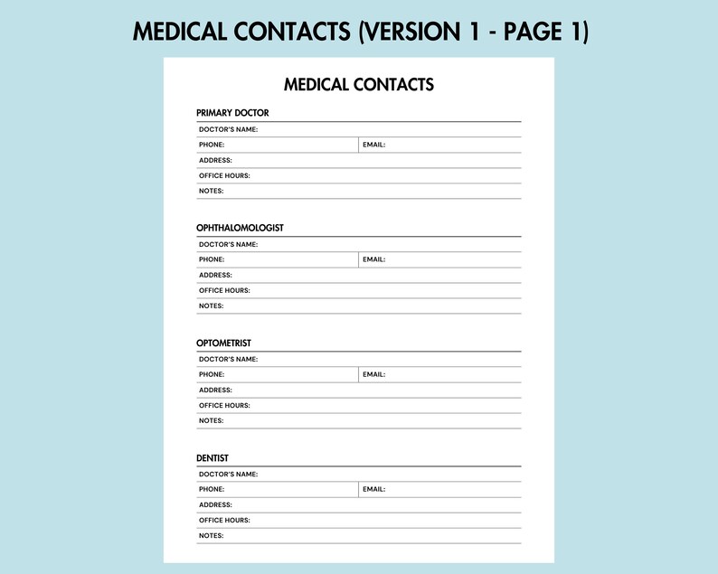 Emergency Contact List Printable Medical Contact Information Sheet PDF ...