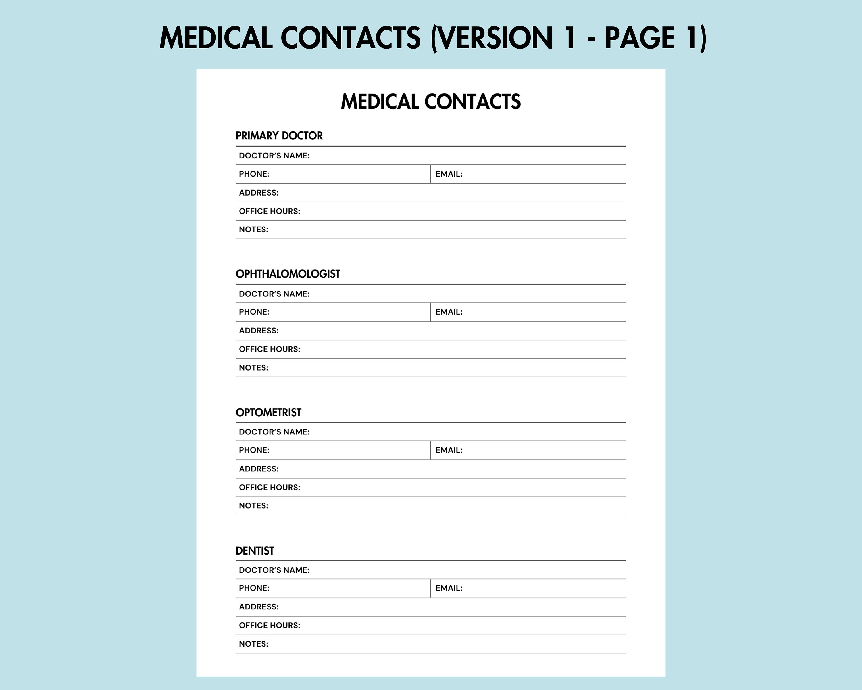 Emergency Contact List Printable Medical Contact Information Sheet PDF ...