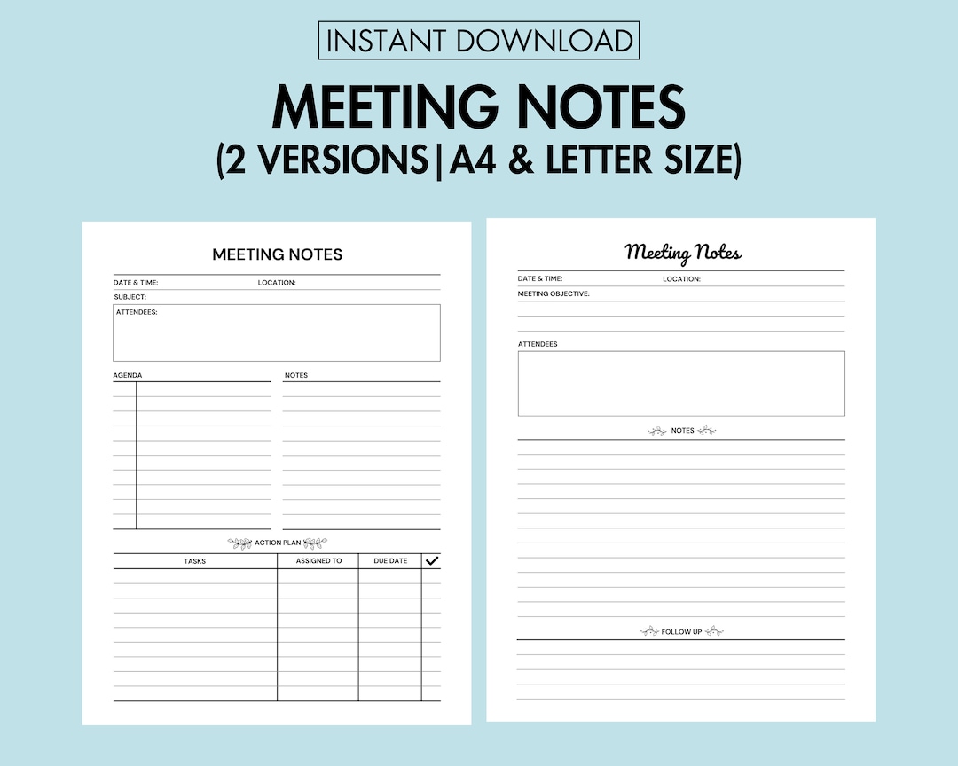 Meeting Note Printable Meeting Agenda Business Note Taking PDF, Meeting ...