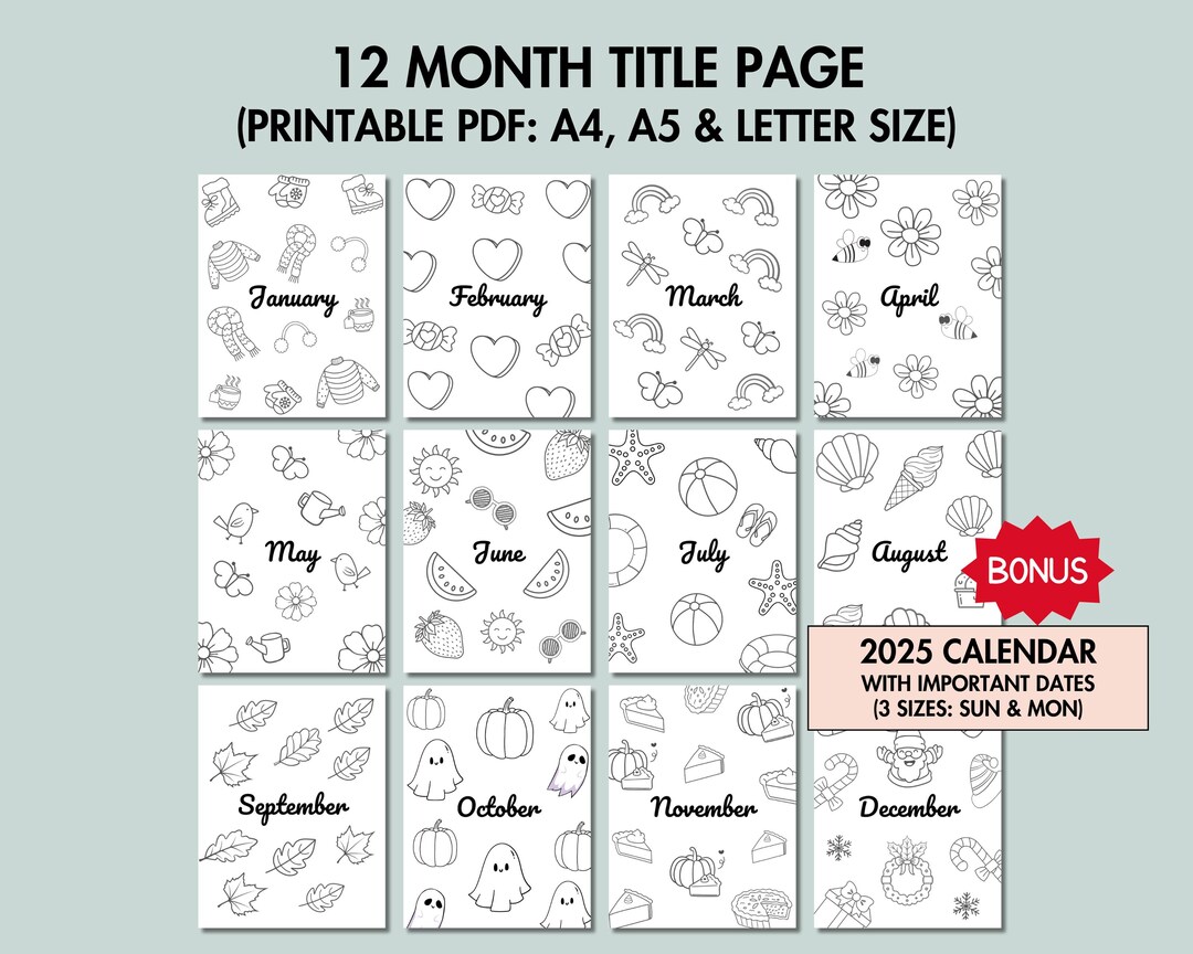 12 Month Journal Title Page Bundle Printable Journal Cover Page ...