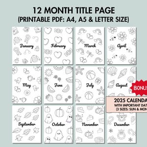12 Month Journal Title Page Bundle Printable Journal Cover Page ...