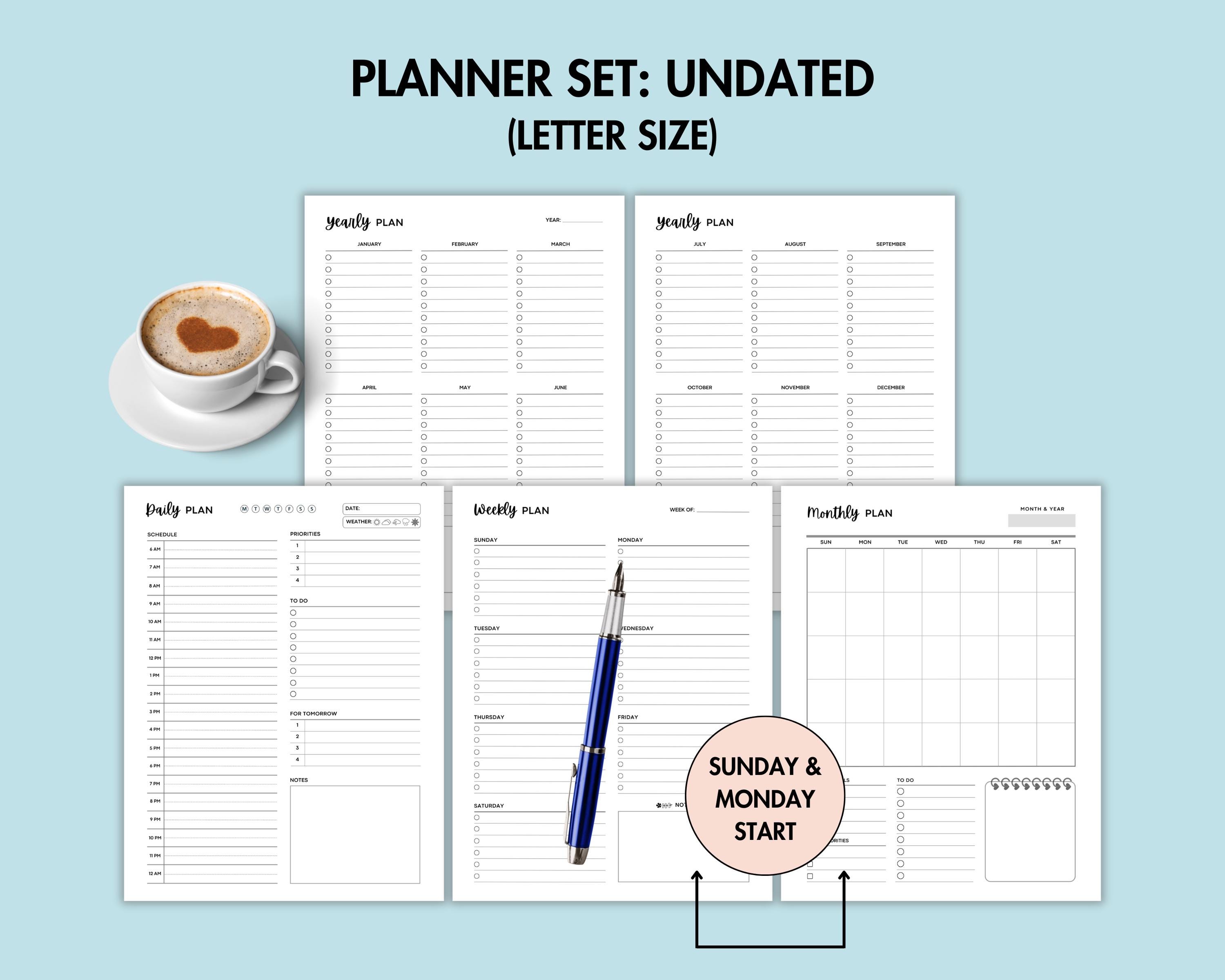 Undated Planner Bundle Printable Daily Weekly Monthly & Yearly Planner ...