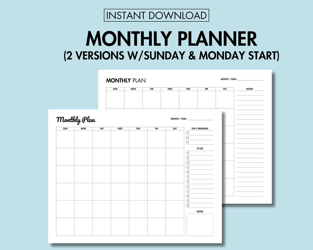 Monthly Planner Undated Printable Blank Monthly Calendar PDF, Month at ...