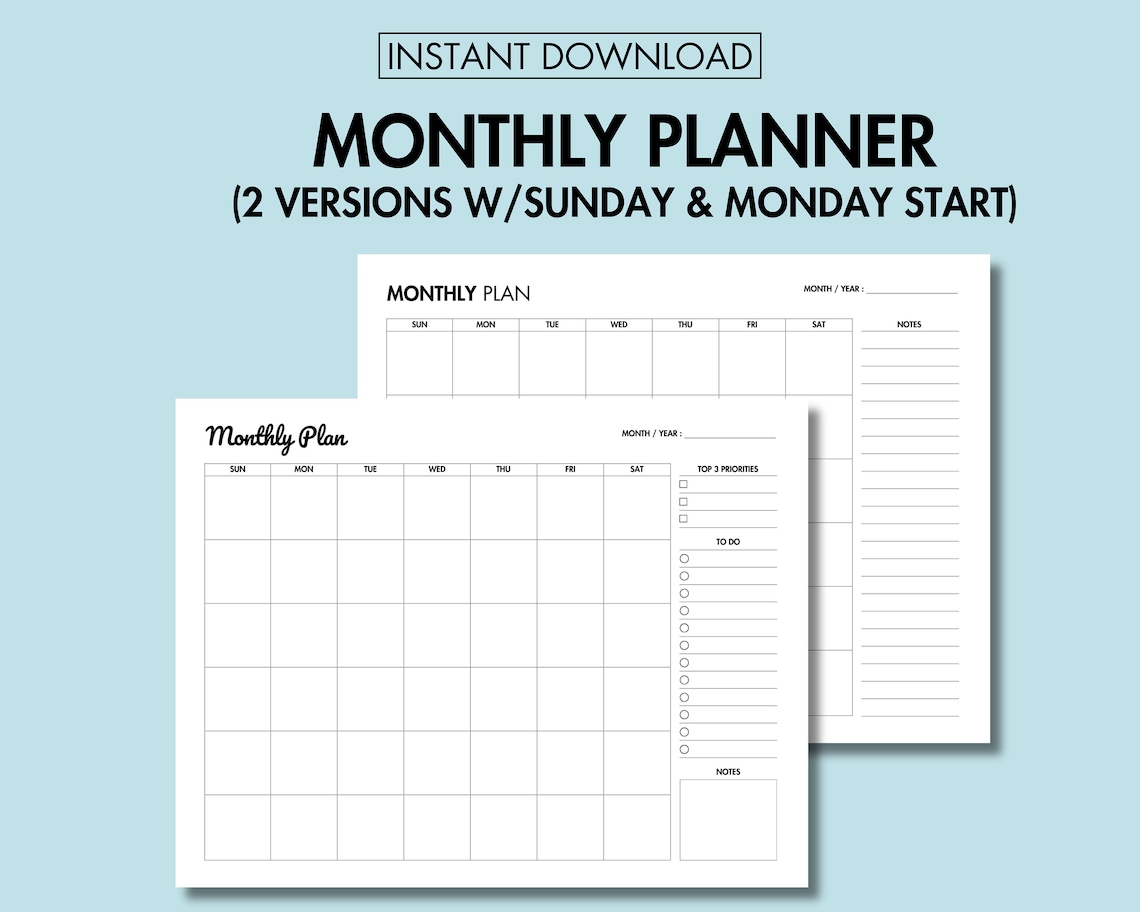 Monthly Planner Undated, Blank Monthly Calendar, Month at A Glance ...