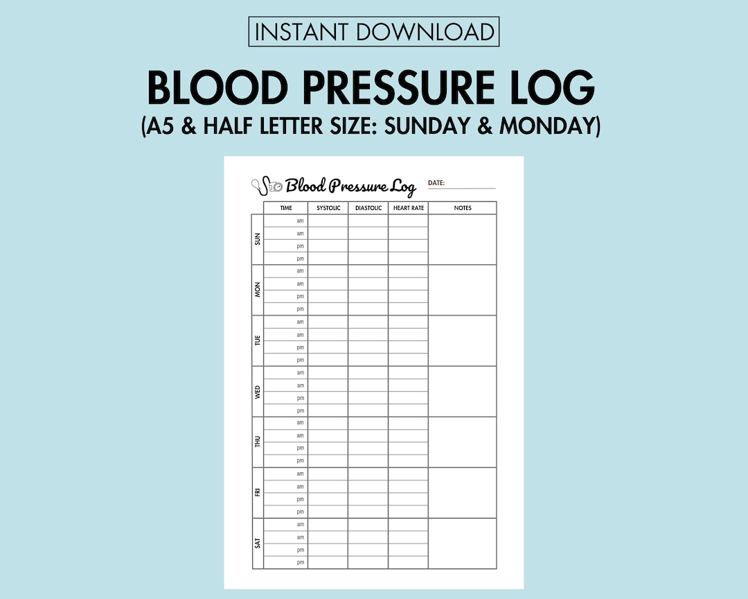 Blood Pressure Tracker Printable Weekly BP Record Sheet PDF Heart ...