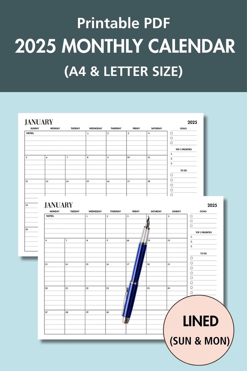 2025 Monthly Calendar Printable 2025 Monthly Planner 2025 Lined ...