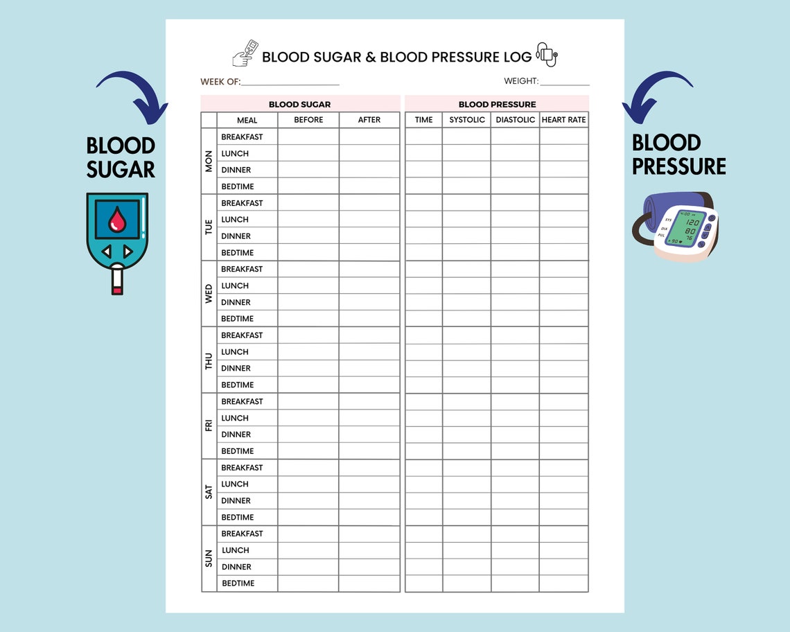Blood Sugar Log and Blood Pressure Log Printable Blood Sugar Monitor ...