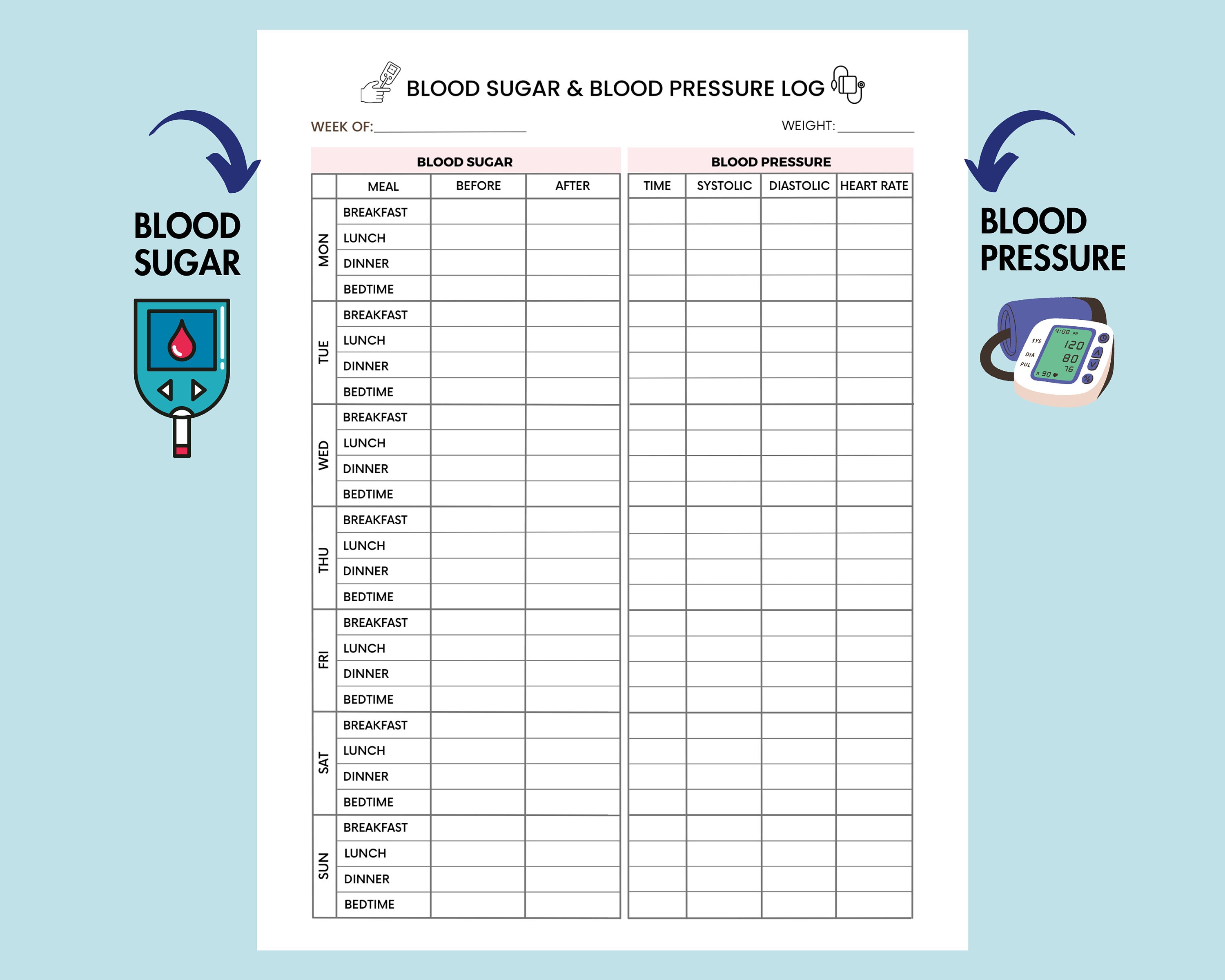 Blood Sugar Log and Blood Pressure Log Printable Blood Sugar Monitor PDF, Blood Sugar and Blood ...