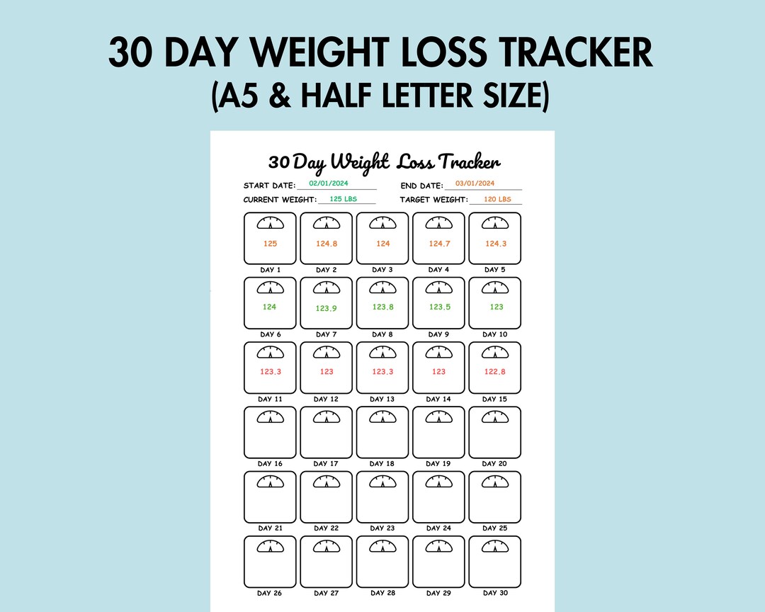 Weight Loss Tracker Printable Daily Weight Loss Journal 30 Day Body ...
