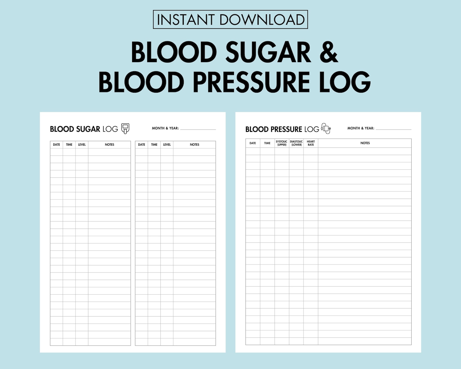 Blood Sugar Log Printable Blood Pressure Log PDF, Blood Glucose Tracker ...
