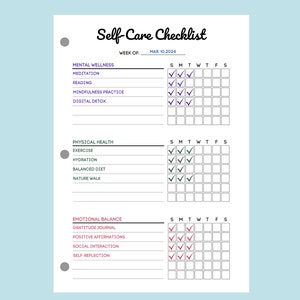 Self Care Checklist Printable Personal Wellness Planner PDF, Weekly ...