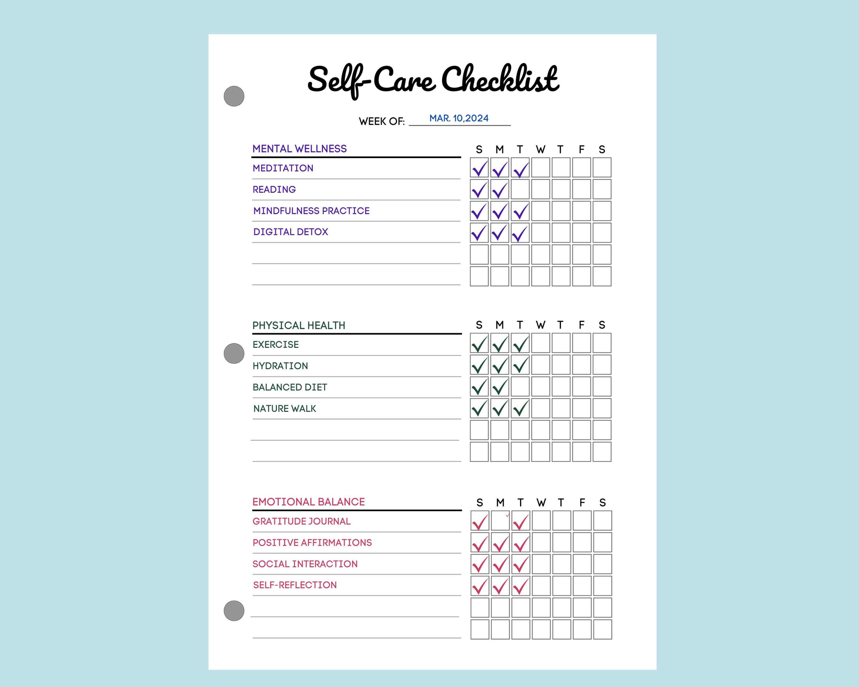 Self Care Checklist Printable Personal Wellness Planner PDF, Weekly ...