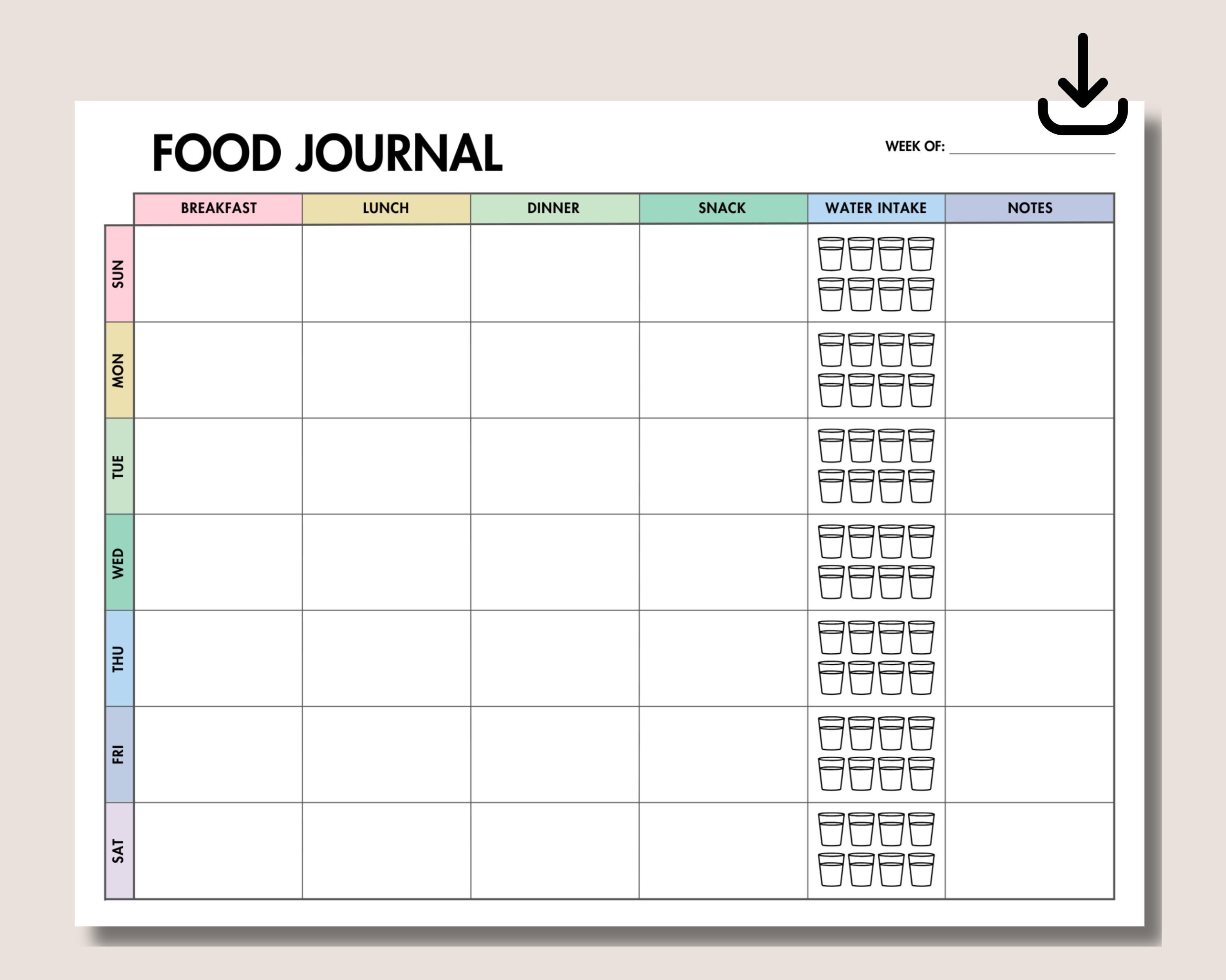 Weekly Food Journal Printable Weekly Food Diary, Meal Prep Planner With ...