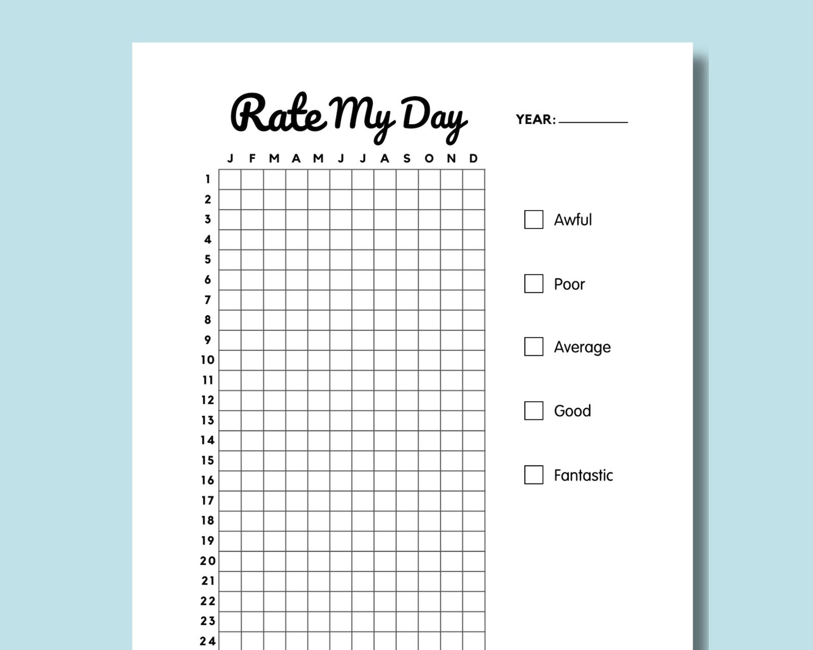 Rate My Day Tracker Printable Daily Rating Tracker Year in Pixels ...