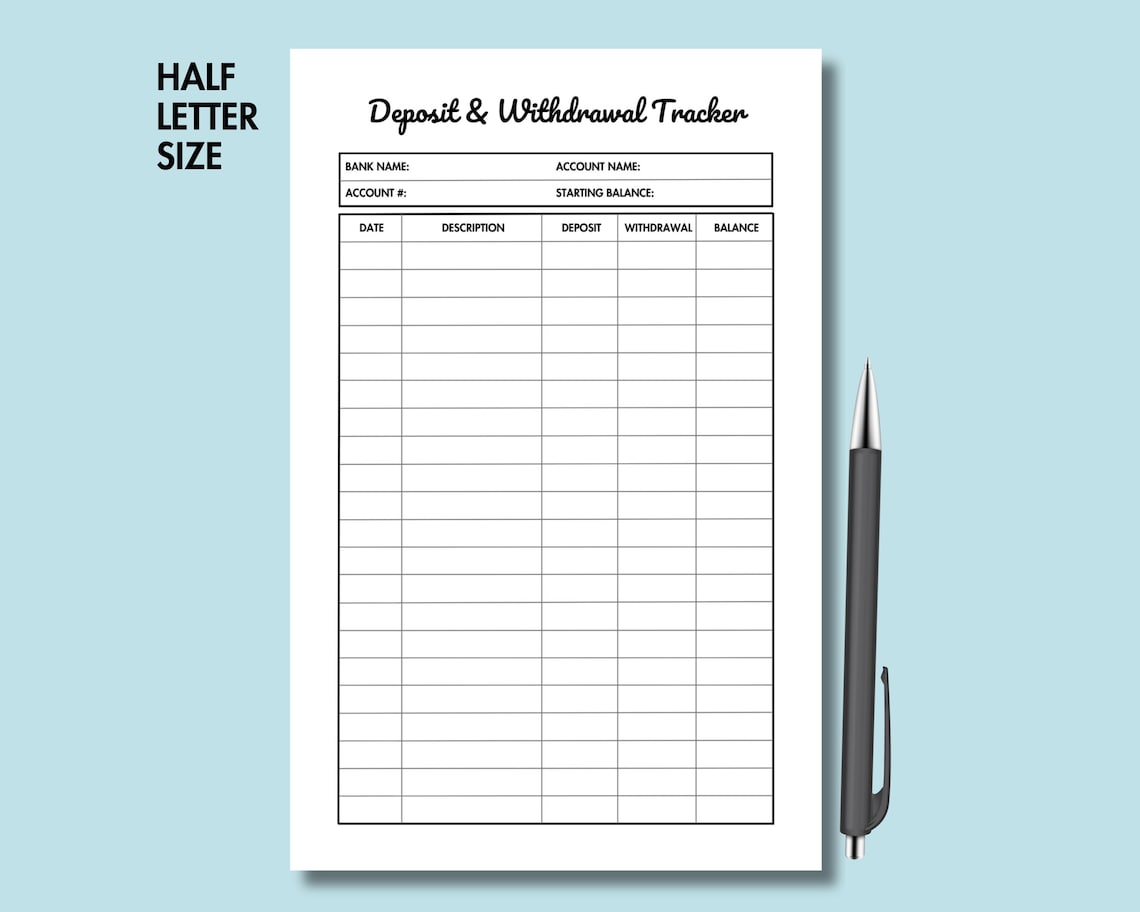 Deposit & Withdrawal Tracker Printable Bank Account Ledger PDF ...