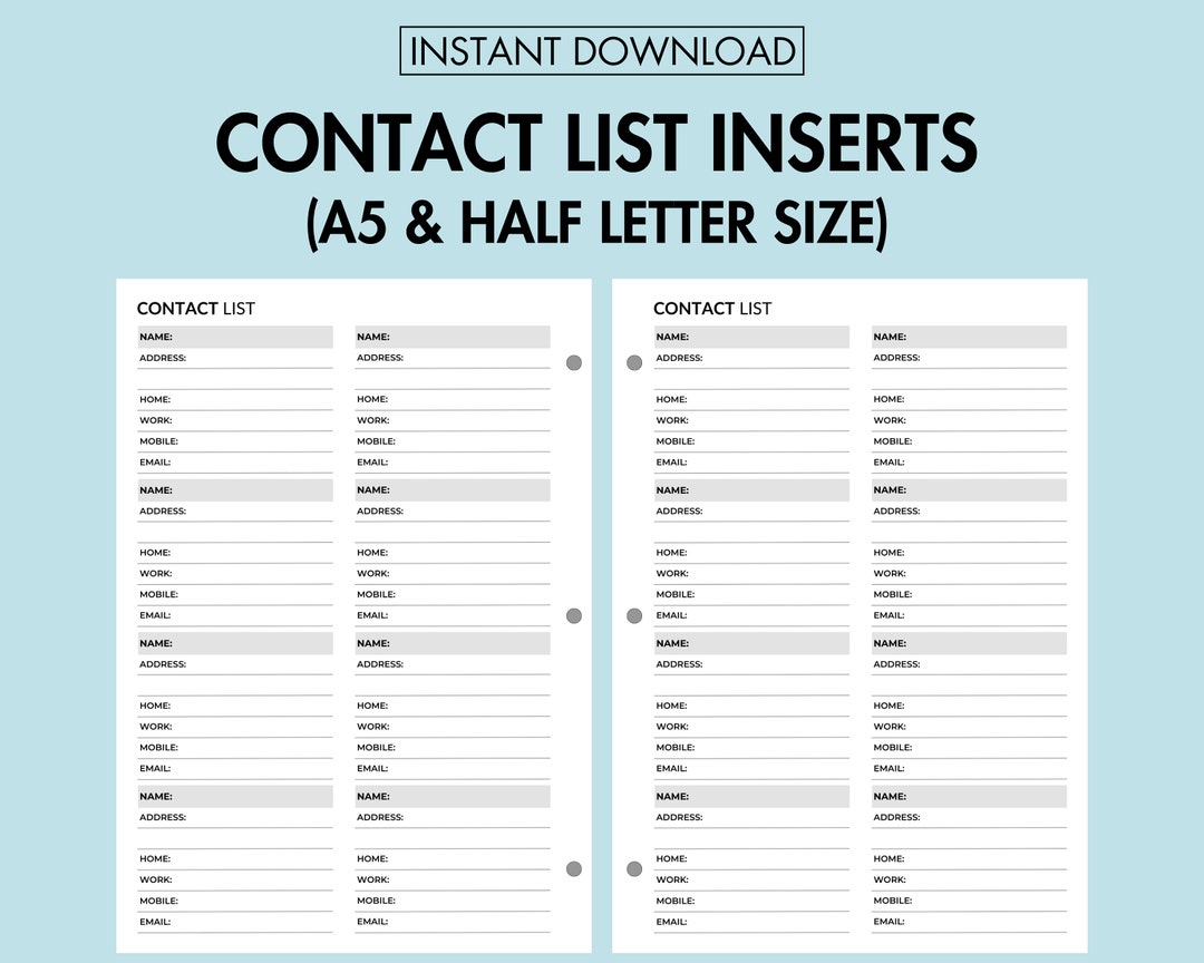 Personal Contact List Printable Address Notebook Page Phone Number List ...