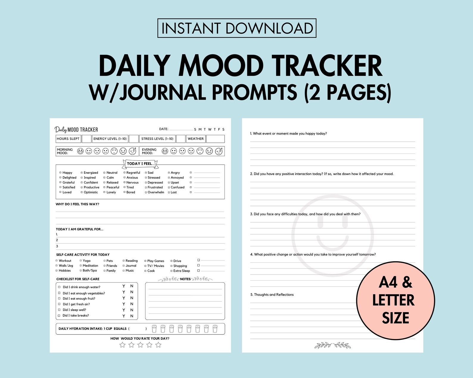 Daily Mood Tracker Journal Printable Self Care Planner Checklist PDF ...