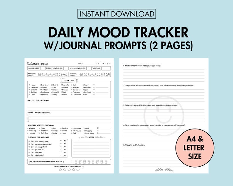 Daily Mood Tracker Journal Printable Self Care Planner Checklist PDF ...