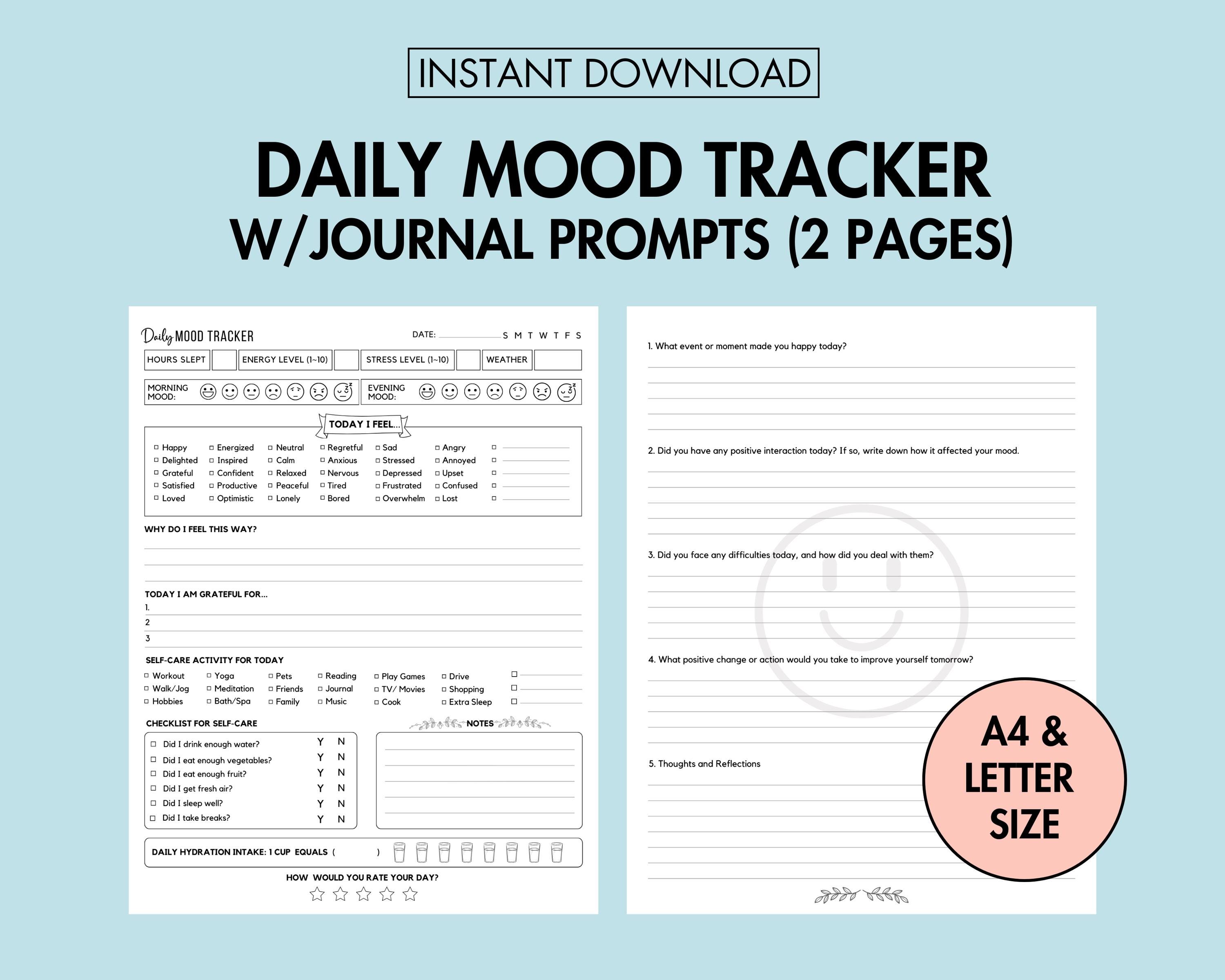 Daily Mood Tracker Journal Printable Self Care Planner Checklist PDF ...