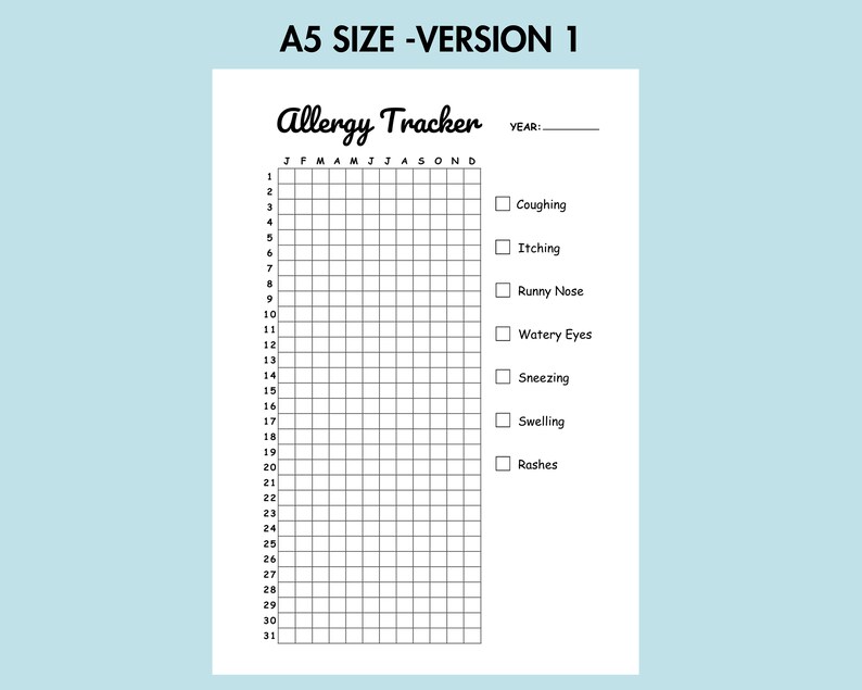 Allergy Tracker Printable, Allergy Symptom Log, Symptom Tracker, Yearly ...