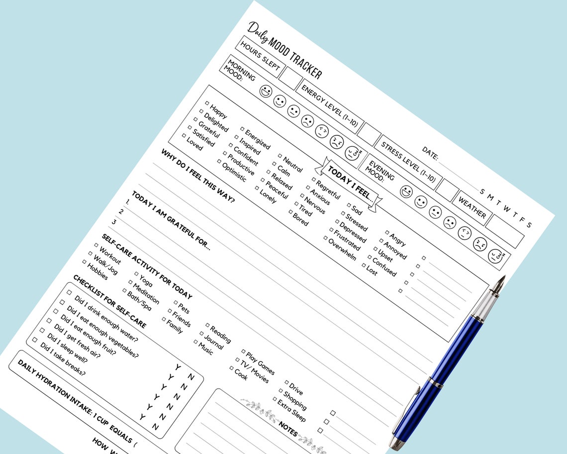 Daily Mood Tracker Journal Printable Self Care Planner Checklist, Daily ...