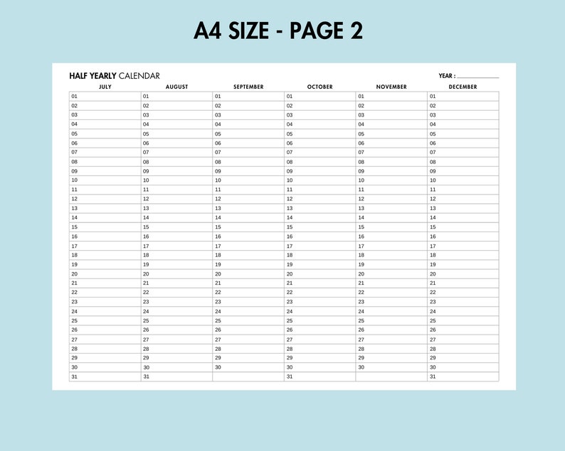 Half Year Calendar Undated Printable Semi Annual Schedule Organizer PDF ...