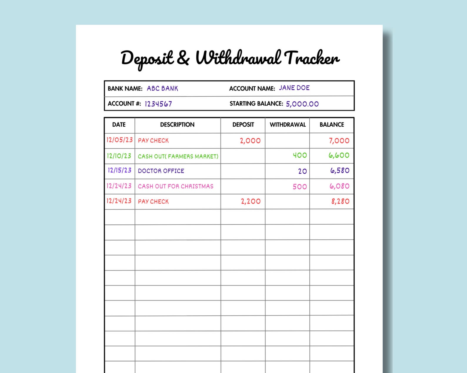 Deposit & Withdrawal Tracker Printable Bank Account Ledger PDF ...