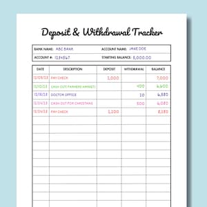 Deposit & Withdrawal Tracker Printable Bank Account Ledger PDF ...