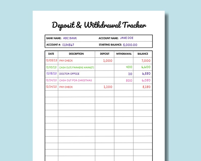 Deposit & Withdrawal Tracker Printable Bank Account Ledger PDF ...
