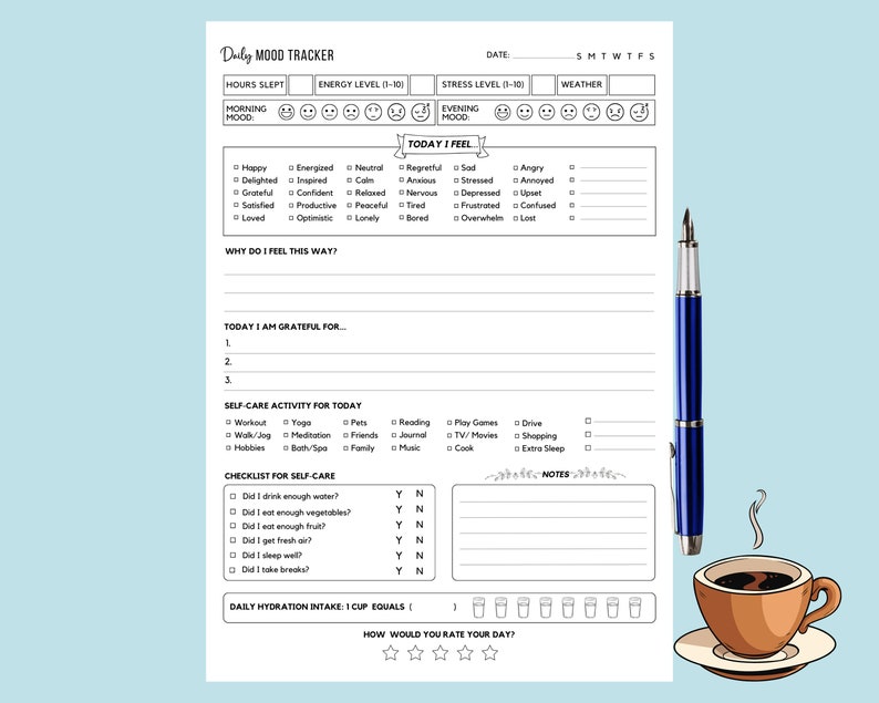 Daily Mood Tracker Journal Printable Self Care Planner Checklist PDF ...