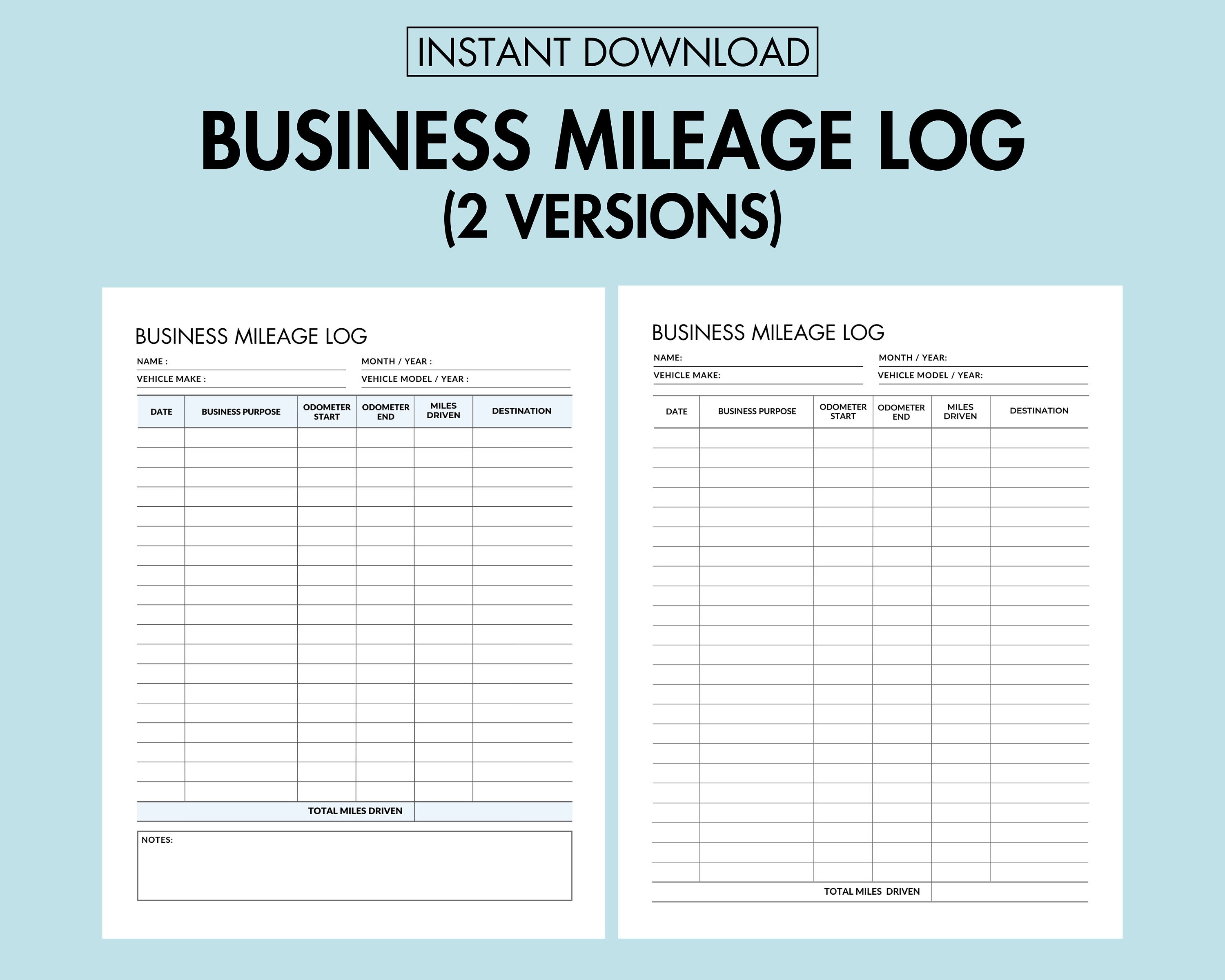 Business Mileage Log Book Printable Business Mileage Tracker Log ...