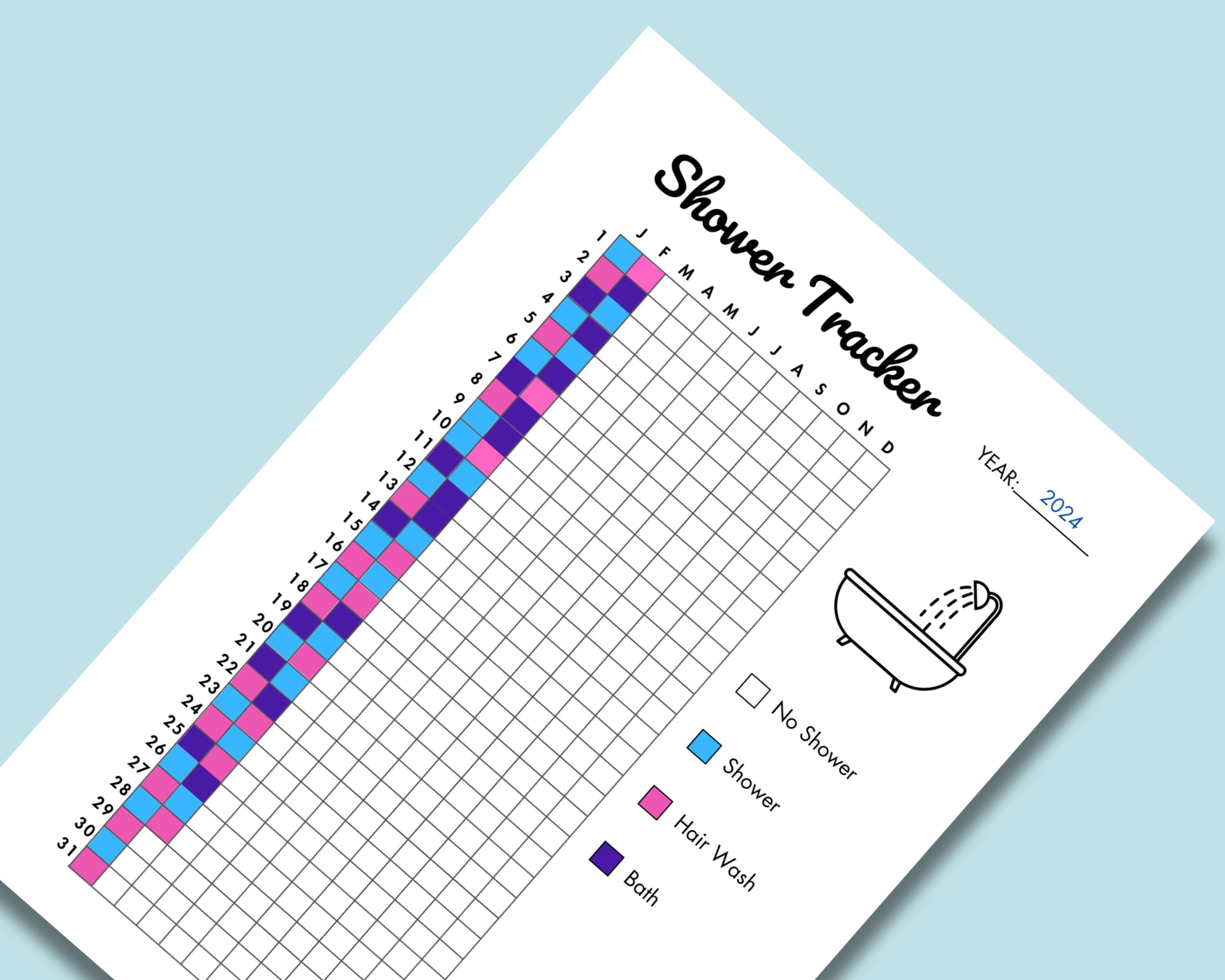 Shower Tracker Printable Hygiene Tracker PDF Hair Wash Tracker Year in ...