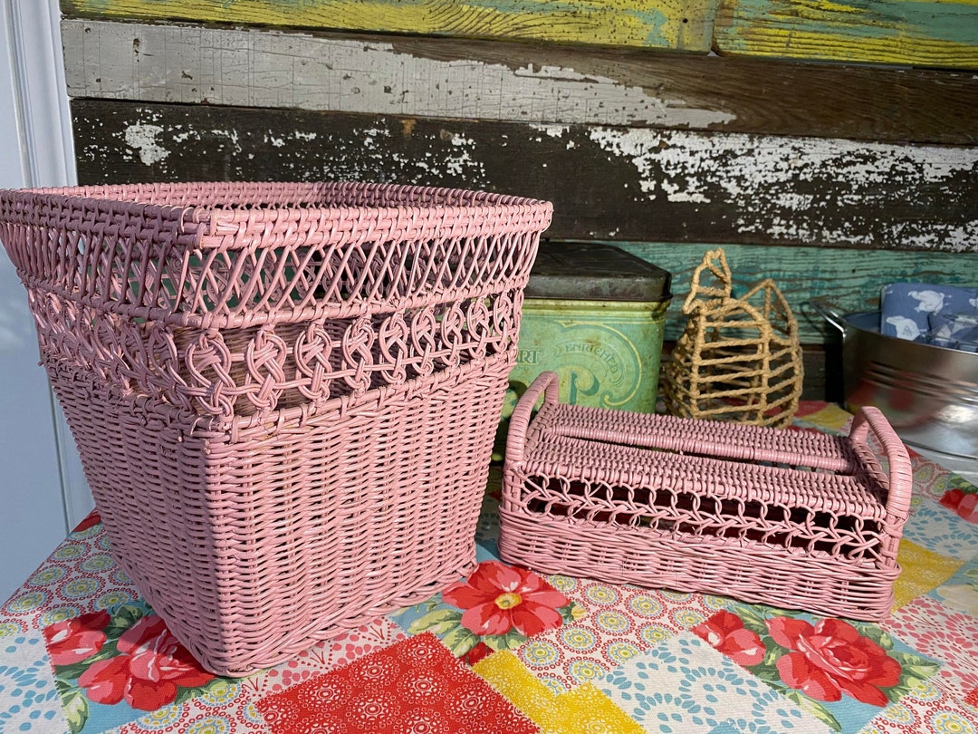 Vintage Pink Rattan/wicker Trashcan and Tissue Cover - Etsy