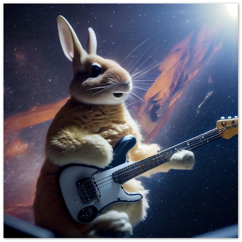 Bunny Rabbit Playing Guitar in Space Metal Wall Art Prints Trippy Wall ...