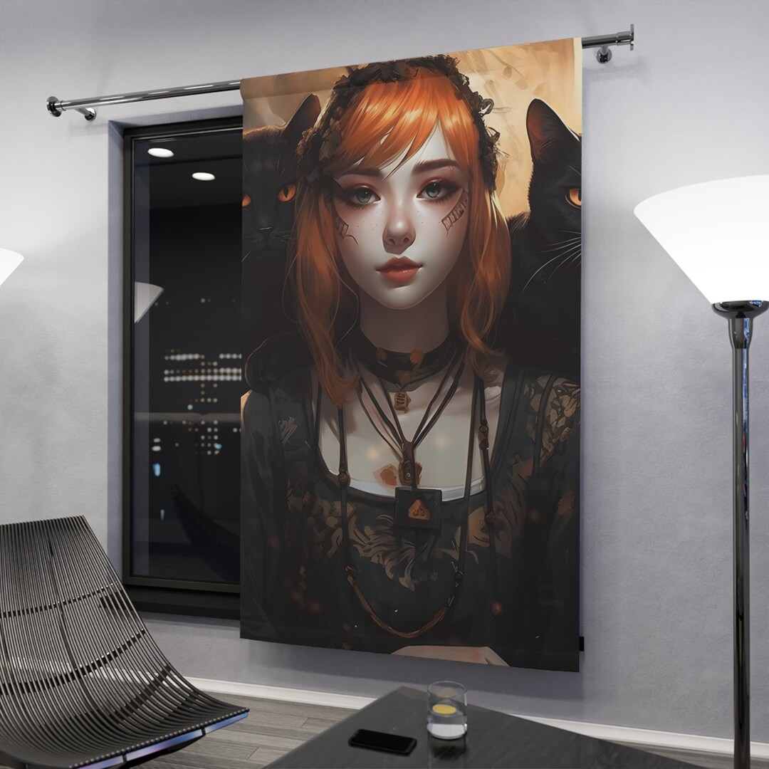 Anime Girl With Cats Blackout Window Curtain Anime Window Curtain - Etsy