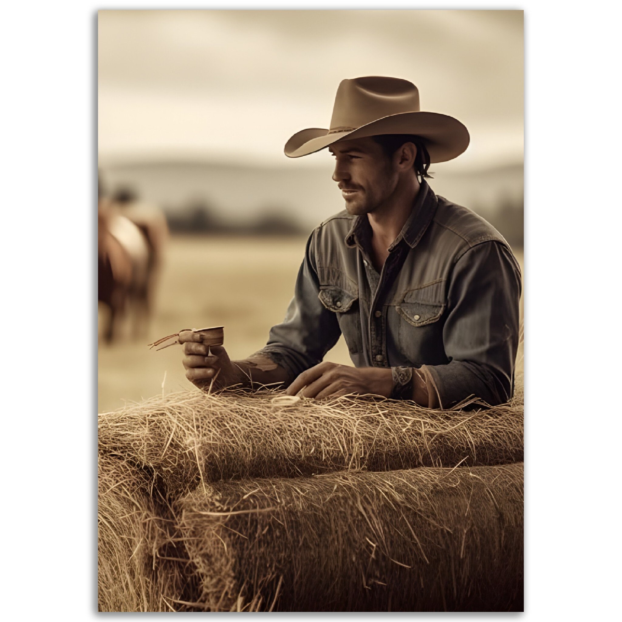 Cowboy Drinking on A Hay Bale Poster 33x46 Bar Scene Art Western Poster ...