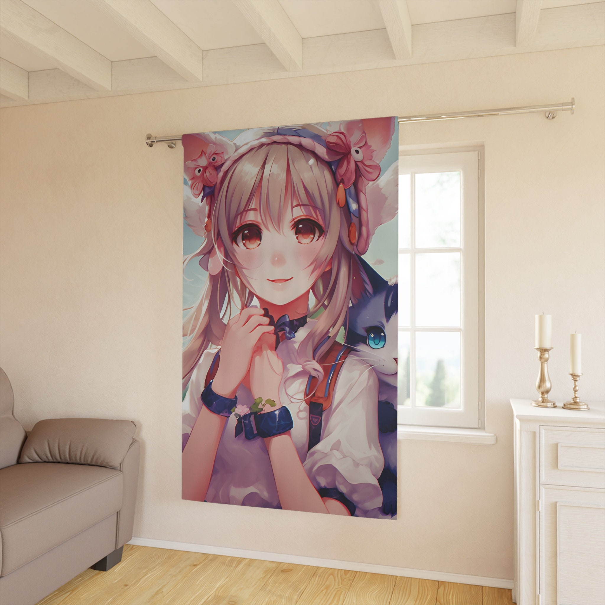 Anime Cat Girl Window Curtain Anime Window Curtain - Etsy