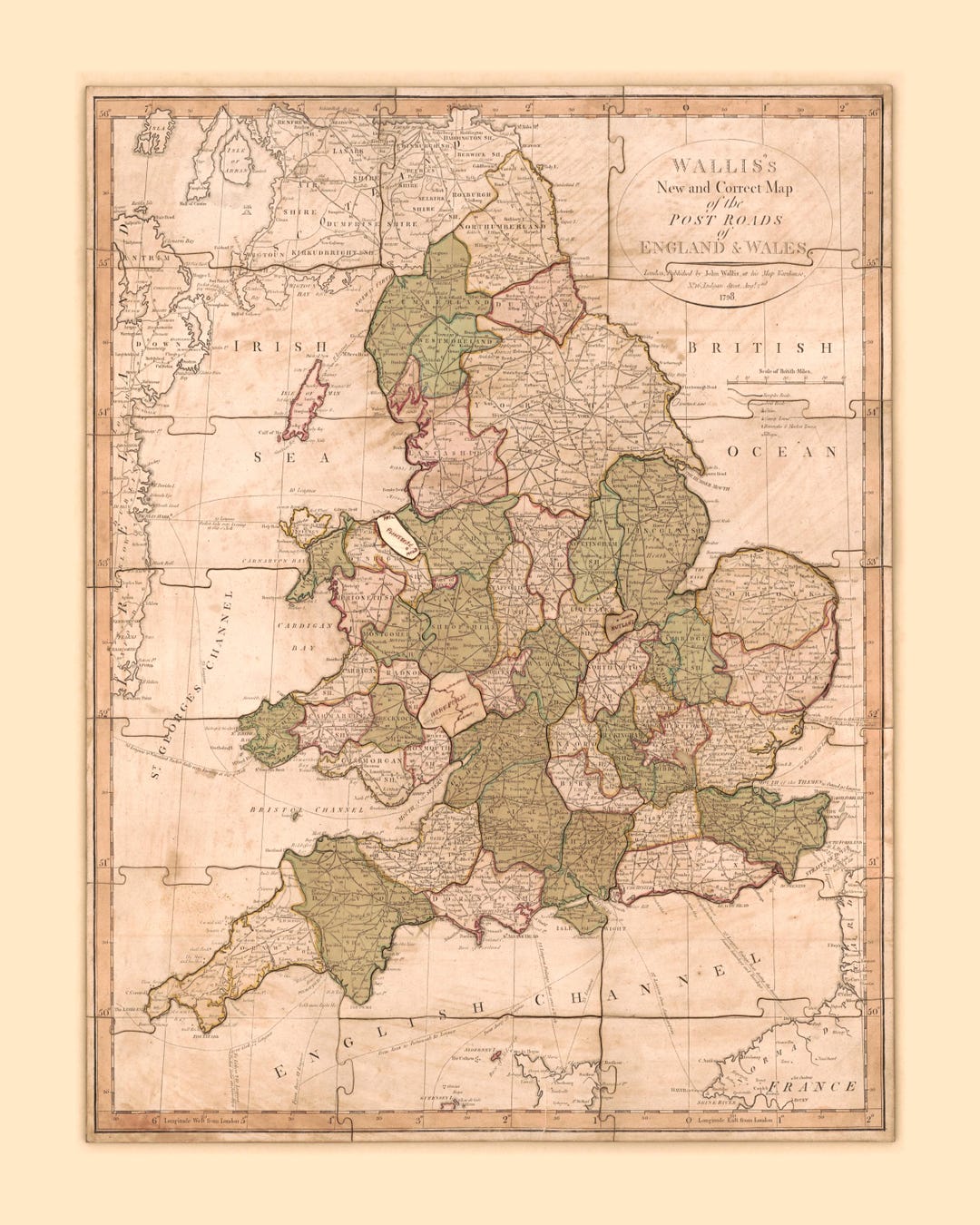 1798 England & Wales Post Road Map: Vintage UK Travel Art (digital ...